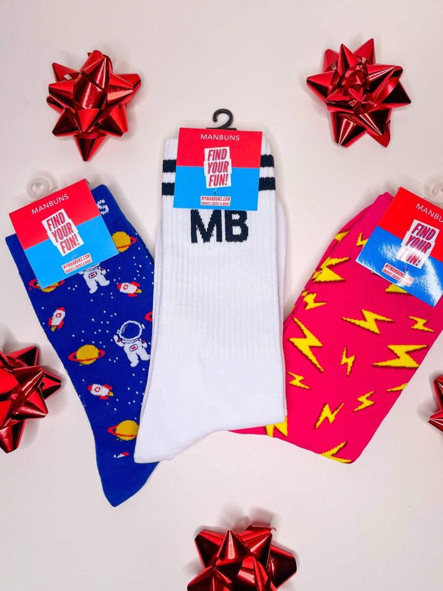 MANBUNS White Elephant Gift Novelty Sock 3 Pack – Fun & Festive Socks